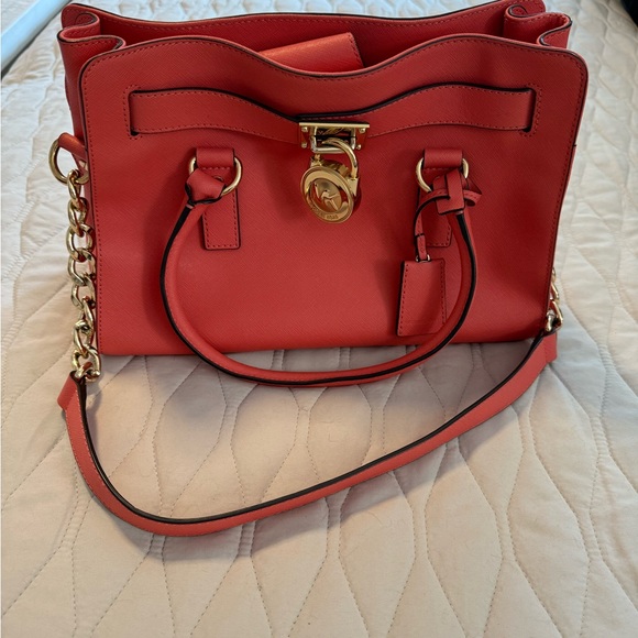 Bags | Michael Kors Hamilton Coral Satchel Handbag With Gold Accents ...